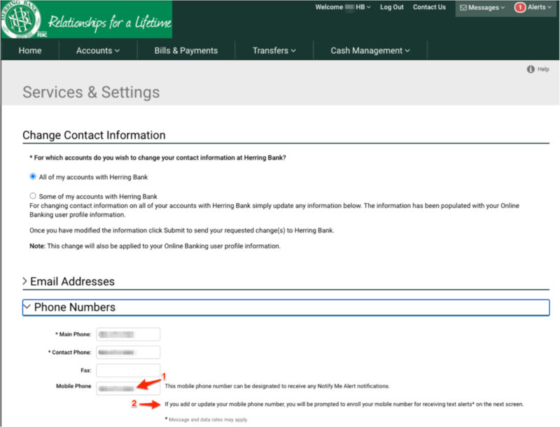 Here is how to setup text alerts with Herring Bank's online banking.
